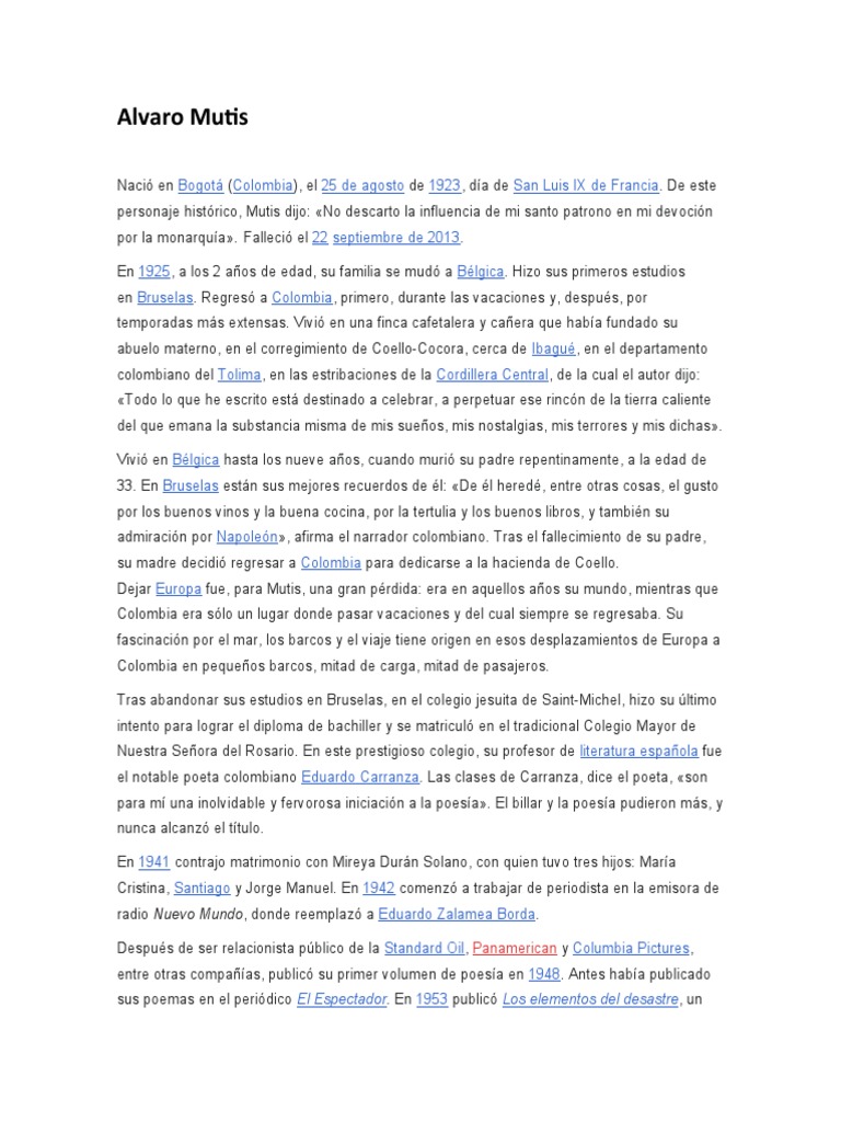 Álvaro Mutis: Vida y Obra Literaria | PDF
