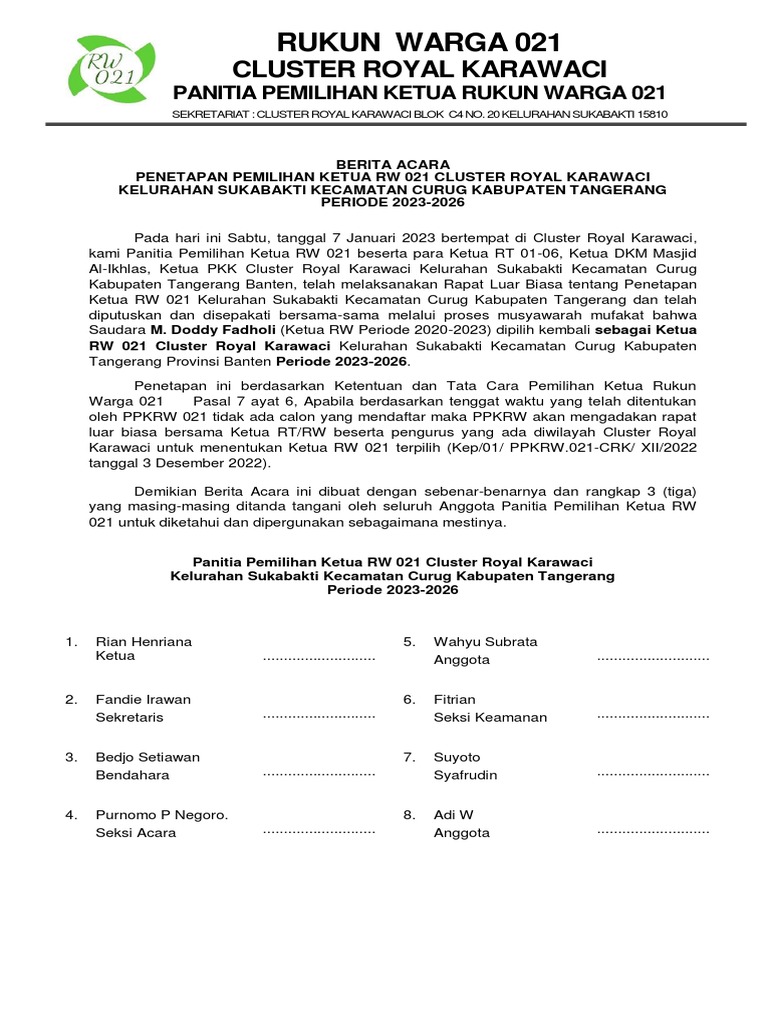 BERITA ACARA PENETAPAN KETUA RW | PDF