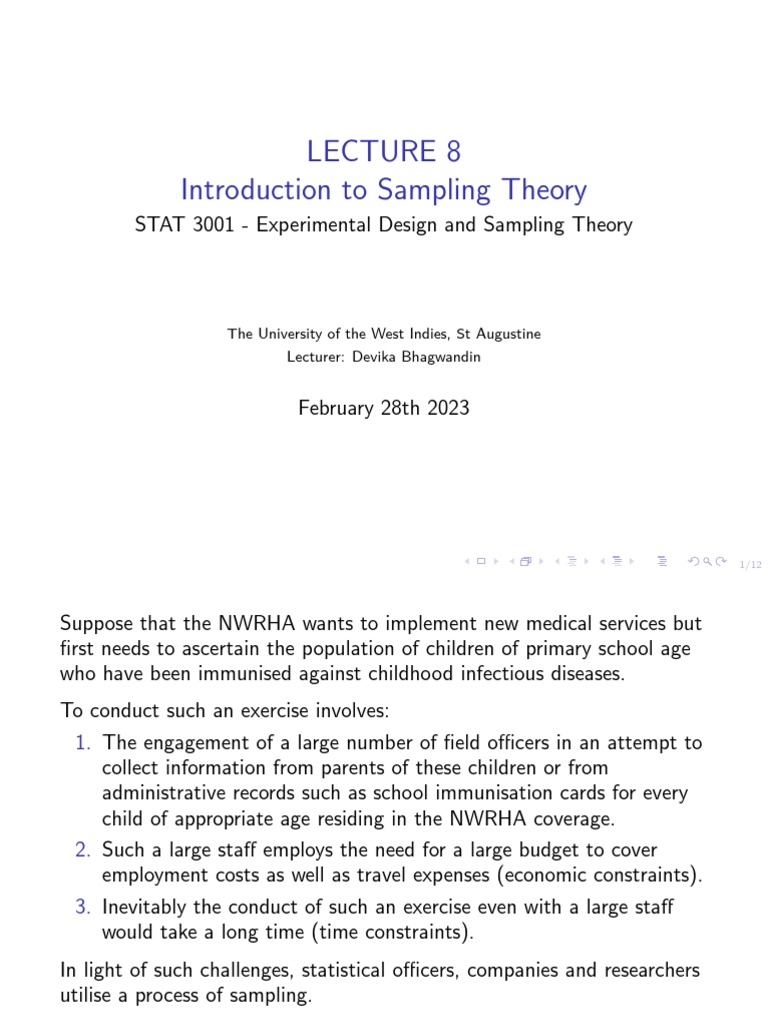 Lecture 8 Introduction To Sampling Theory Pdf Sampling Statistics Survey Methodology 