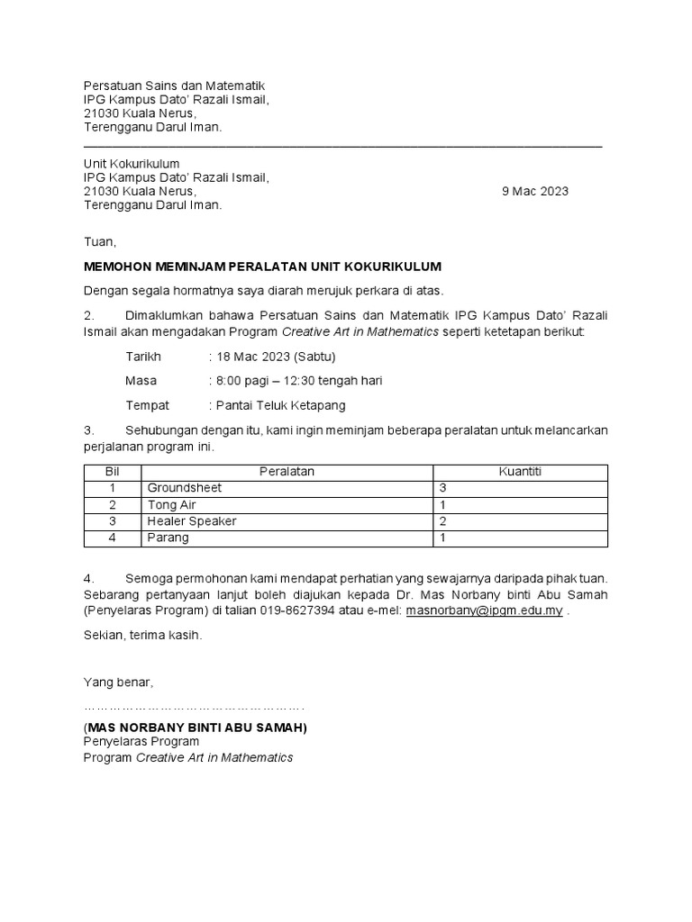 Surat Permohonan Meminjam Peralatan | PDF