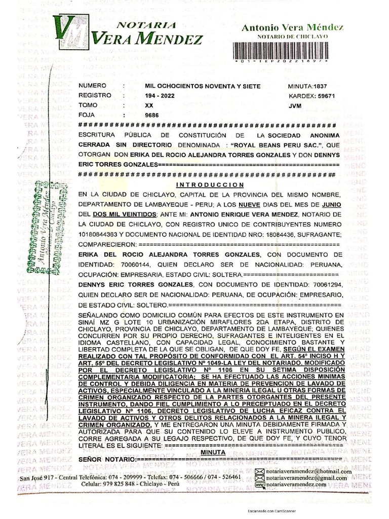 ESCRITURA PÚBLICA - ROYAL BEANS PERU_compressed (1) (1) | PDF