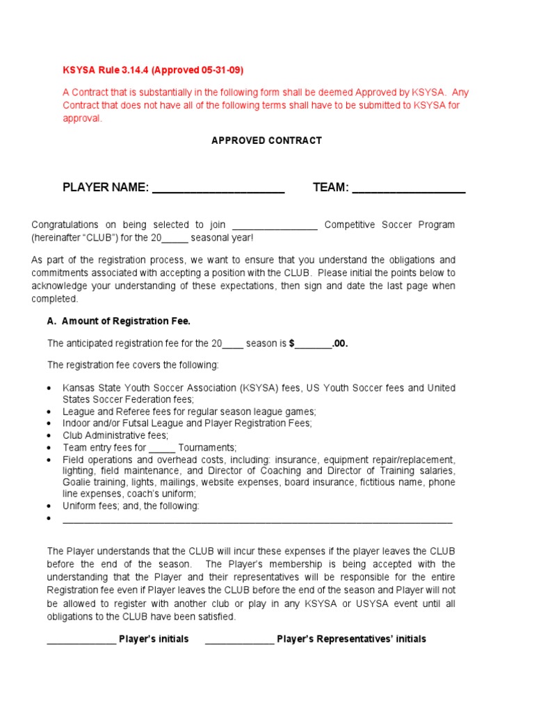 Soccer Player Contract Form | PDF | Fee | Private Law