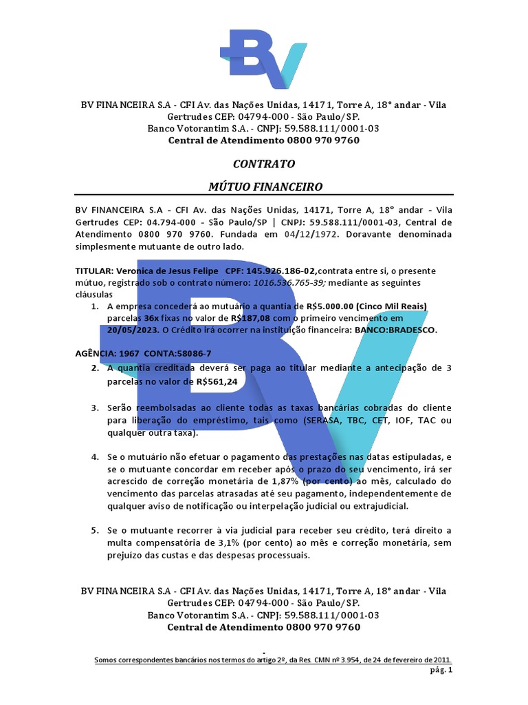 Contrato de Empréstimo BV Financeira | PDF | Empréstimos | Bancos