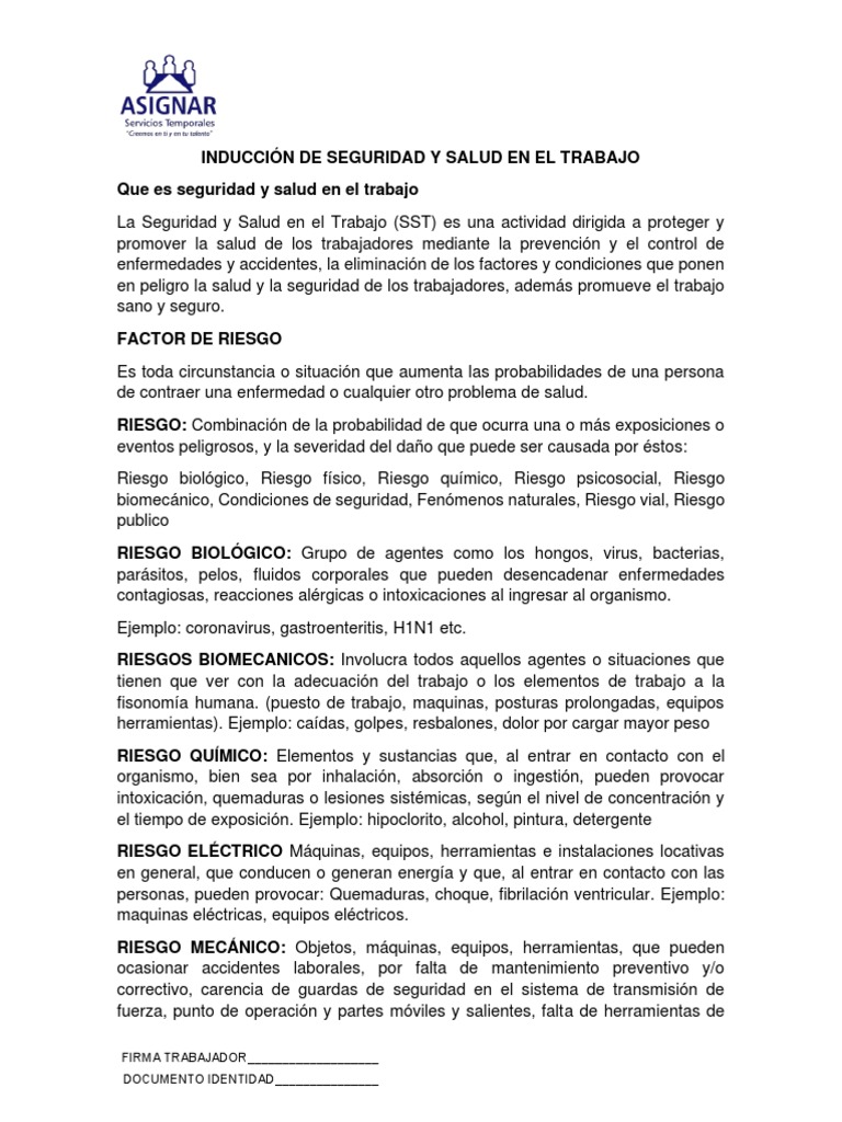 Inducción de Seguridad y Salud en El Trabajo | PDF | Seguridad y salud ocupacional ...