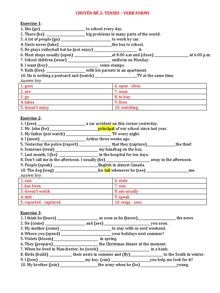 Verb Forms Exercises for Grade 7 | PDF