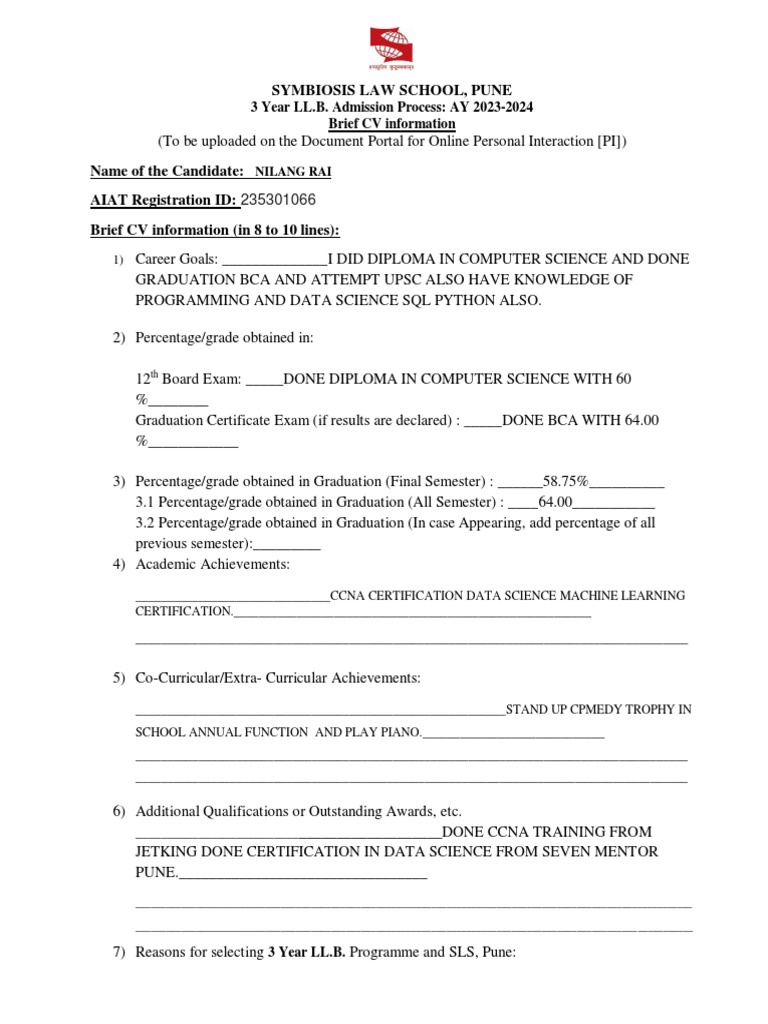 Brief CV For LL.B | PDF