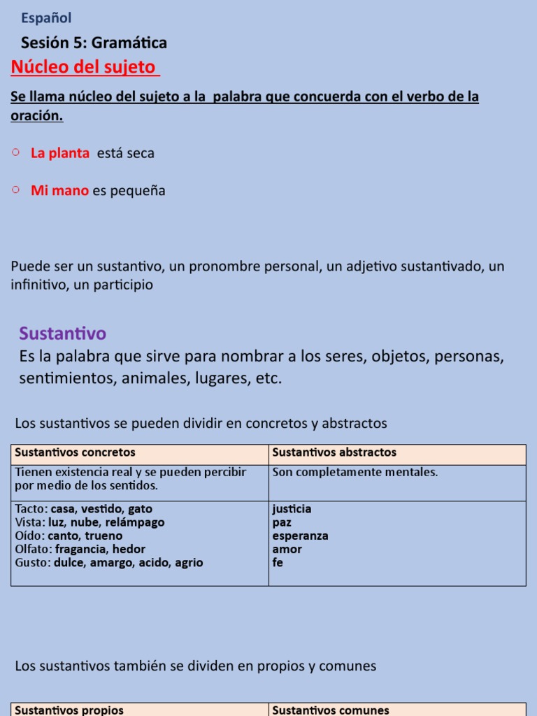 Núcleo del sujeto y predicado en español | PDF | Adjetivo | Sustantivo