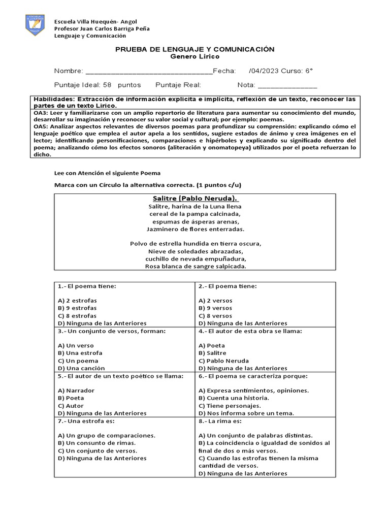 Prueba de Figuras Literarias 6° Básico | PDF | Poesía
