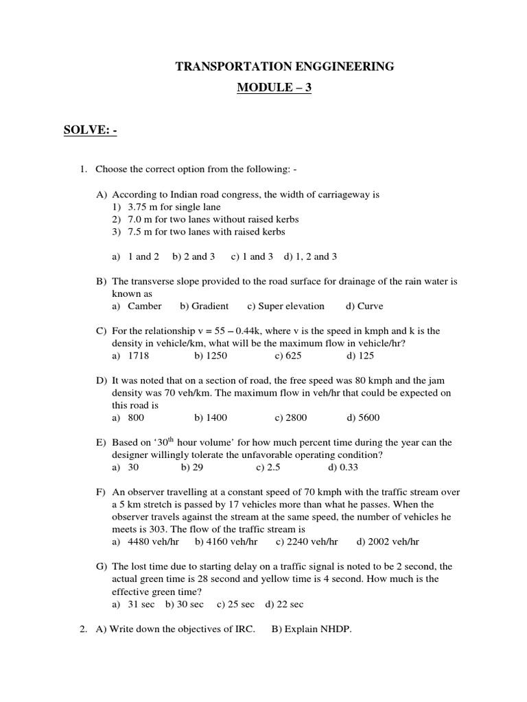 Transportation Engineering Module 3 Quiz | PDF | Road | Traffic