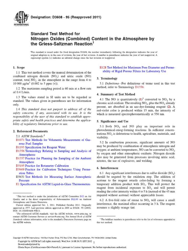 ASTM D3608-95 Reaproved 2011 Nitrogen Oxides (Combined) Content in Atmosphere by The Griesse ...