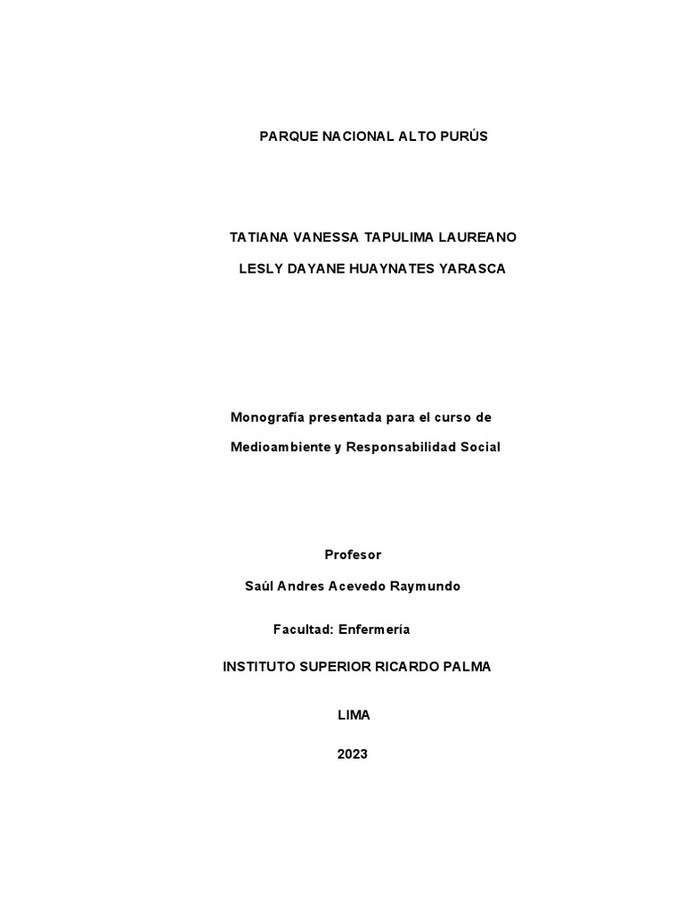 Parque Nacional Alto Purus Borrador | PDF | Los bosques | Ecología