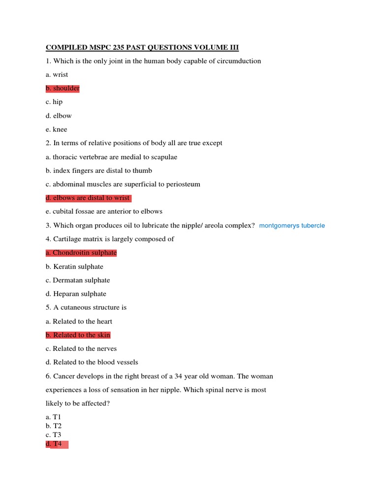Compiled MSPC 235 Past Questions Volume III | PDF | Musculoskeletal System | Human Anatomy