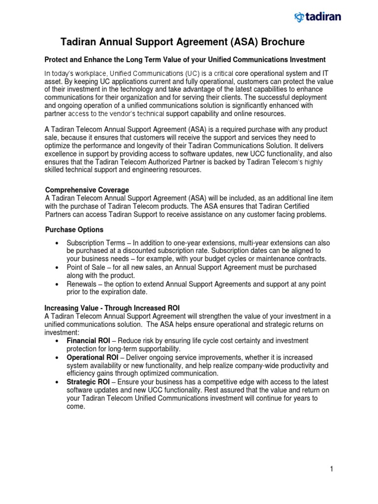 Tadiran Annual Support Agreement (ASA) Brochure | PDF | Subscription ...