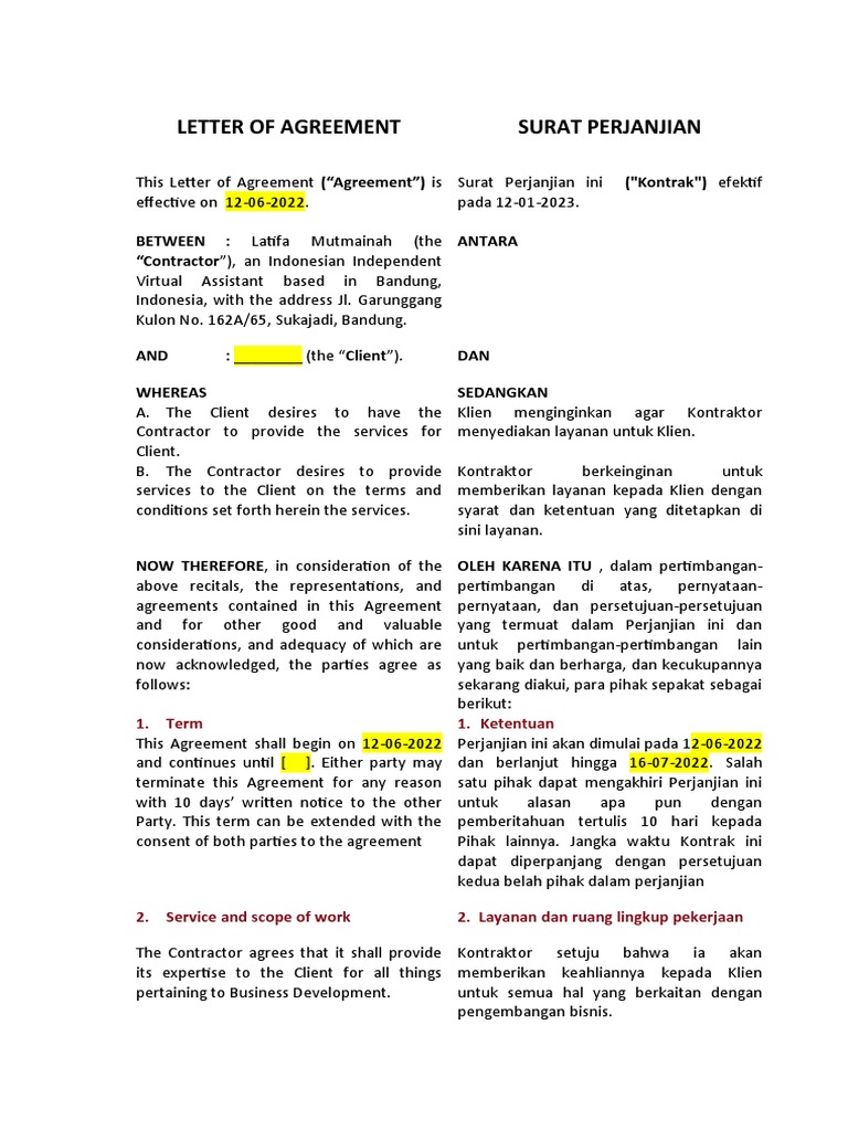 VA Contract Template Bilingual | PDF