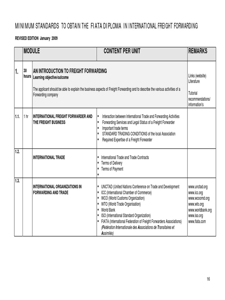 FIATA Diploma Standards Overview | PDF | Cargo | Containerization