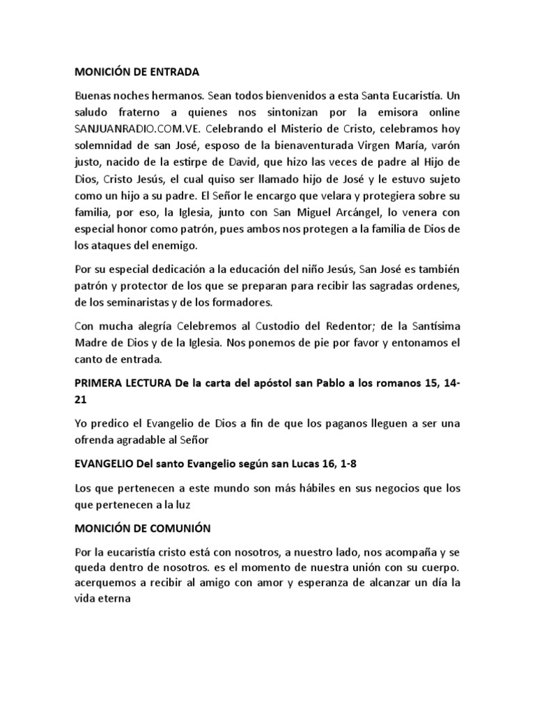 MONICIÓN DE ENTRADA-san Jose | PDF | Misa (liturgia) | María, madre de Jesús