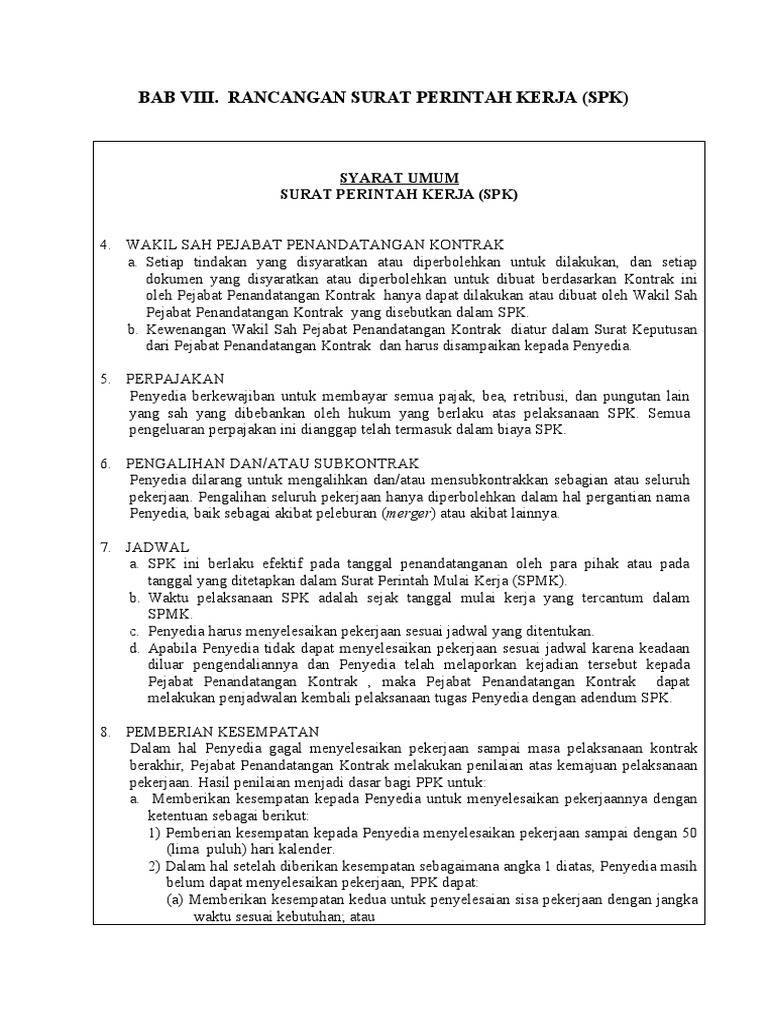 Bab Viii. Rancangan Surat Perintah Kerja (SPK) | PDF
