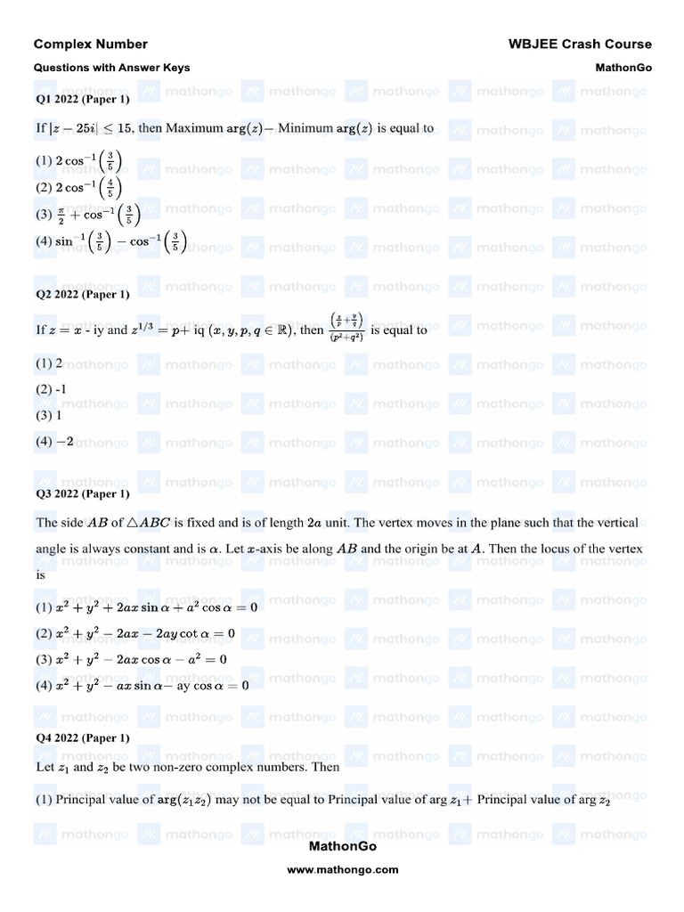 (PDF) WBJEE PYQs - Complex Numbers | PDF