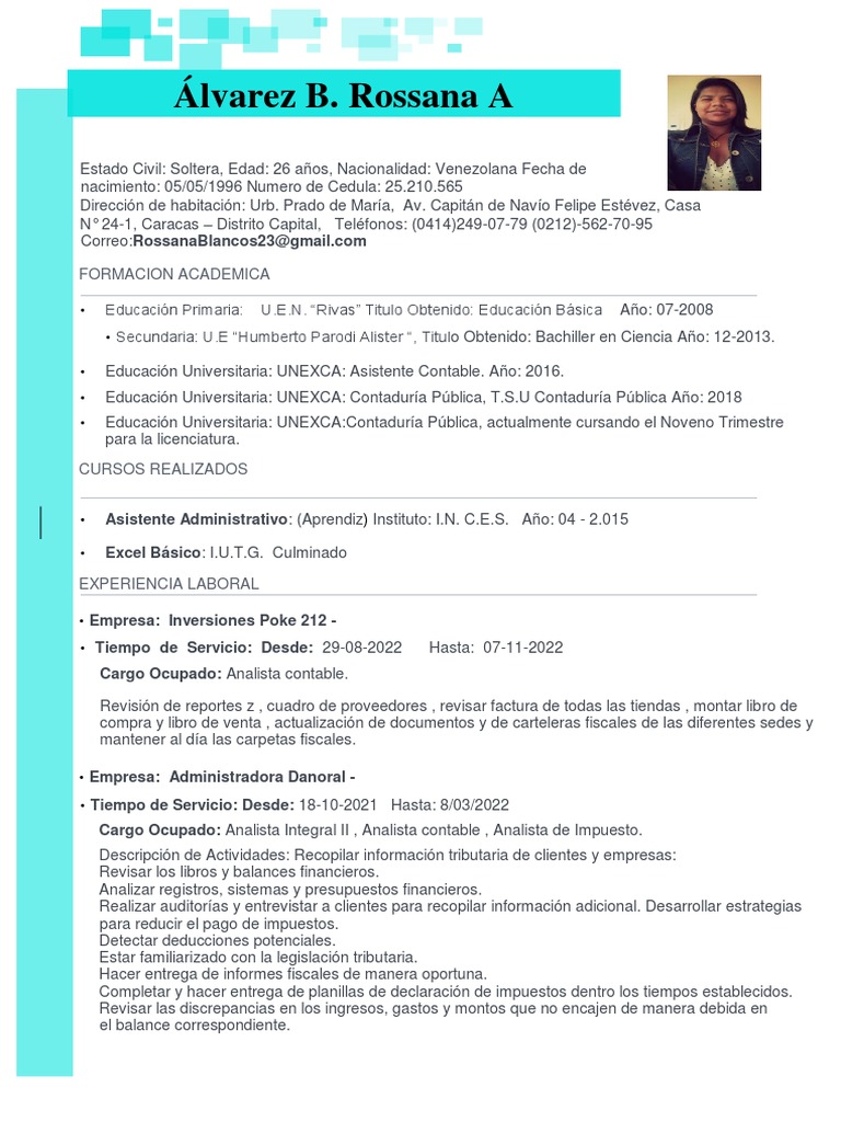 Curriculum Rossana Alvarez... | PDF | Contabilidad | Bancos