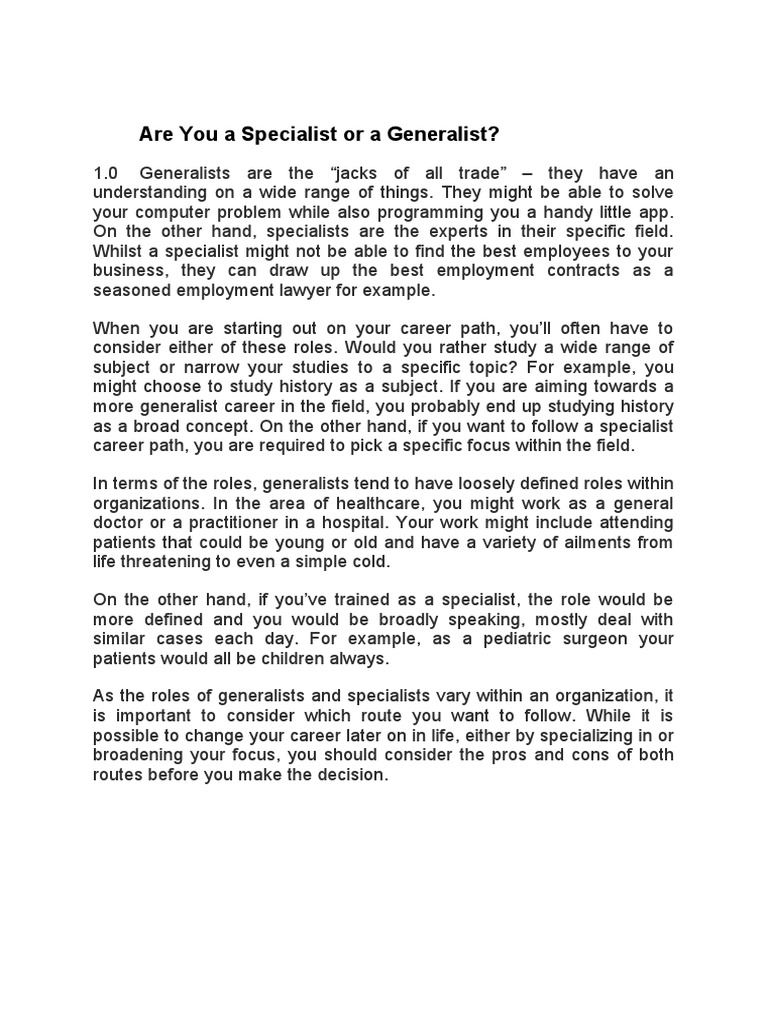 Are You A Specialist or A Generalist | PDF | Expert | Physician