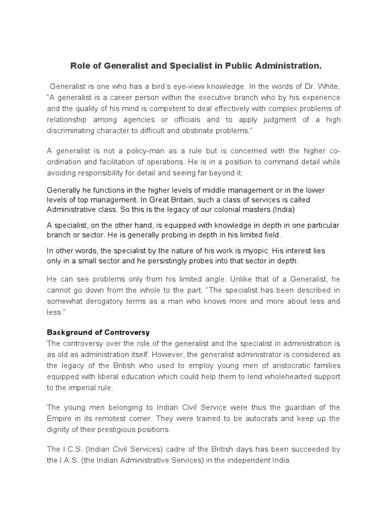 Role of Generalist and Specialist in Public Administration - Upd | PDF ...