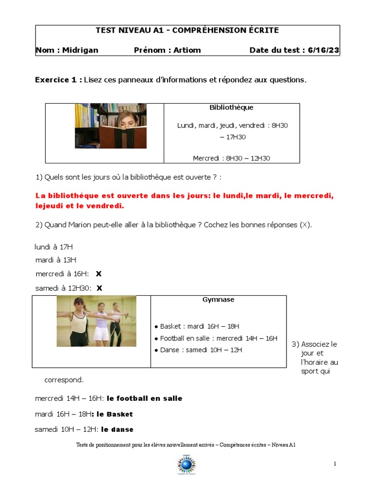 Test de positionnement A1 - Écrit FLE | PDF