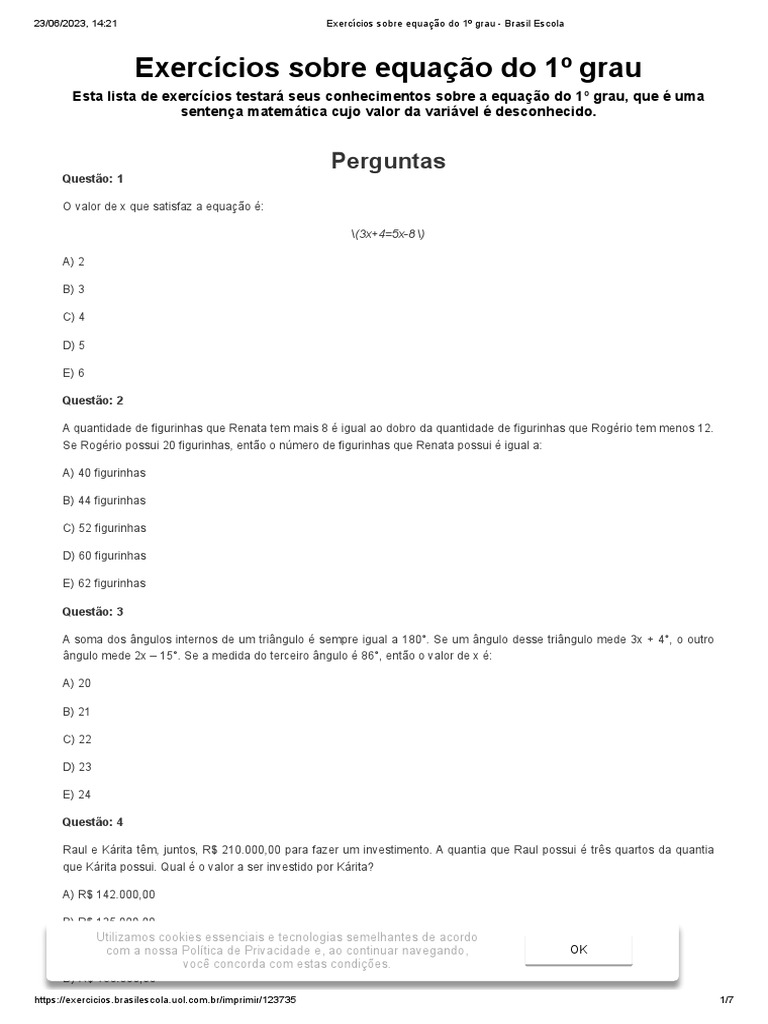Exercícios Sobre Equação Do 1º Grau | PDF | Equações | Metro