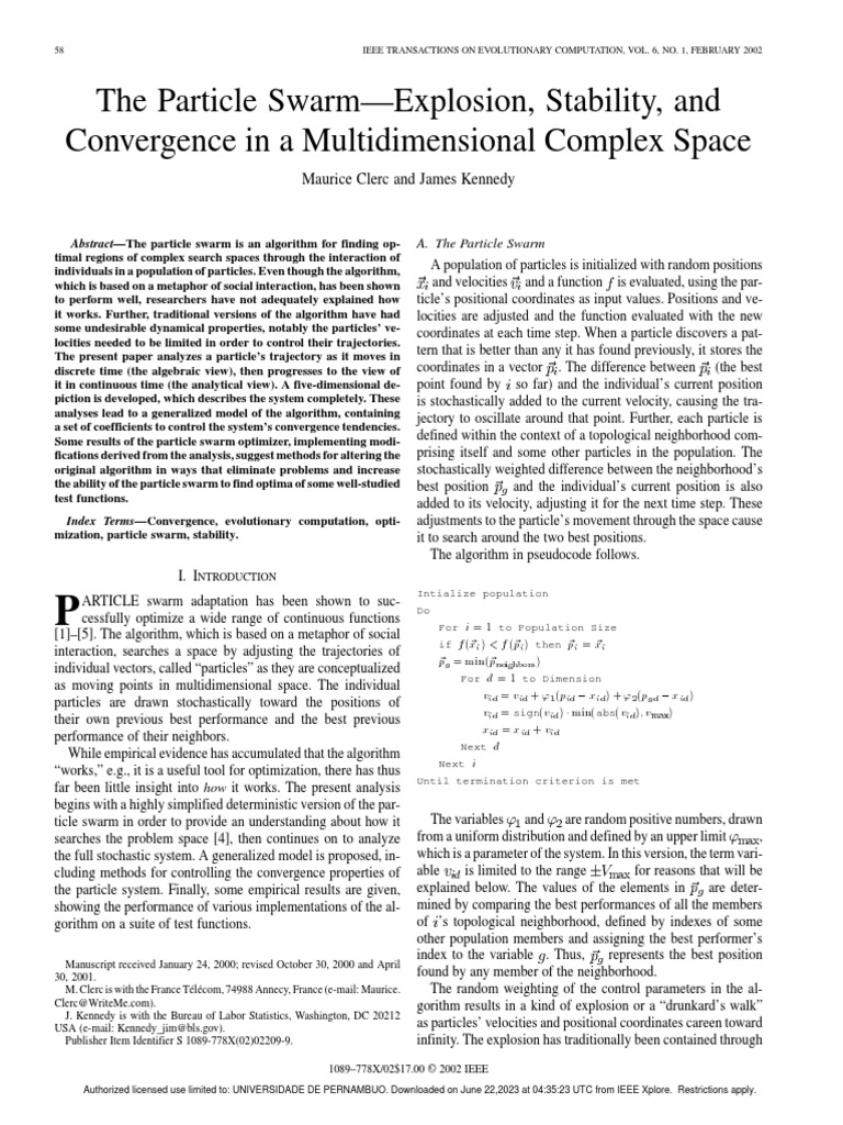 The Particle Swarm - Explosion Stability and Convergence in A Multidimensional Complex Space ...