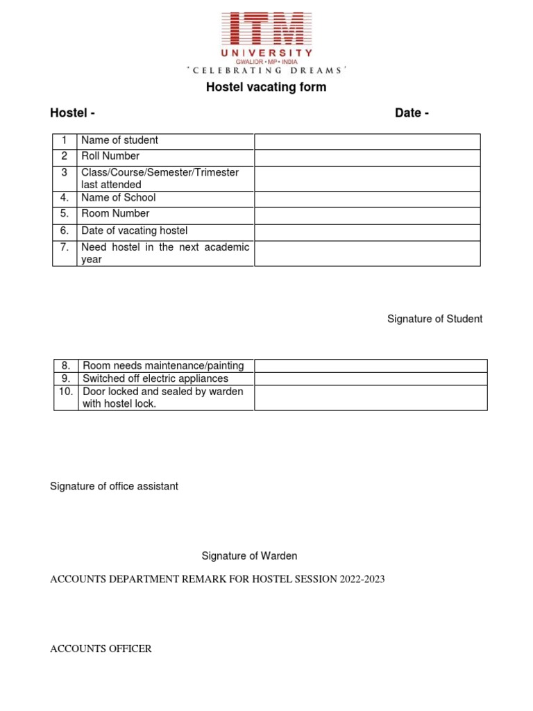 Hostel Vacating Form Template | PDF