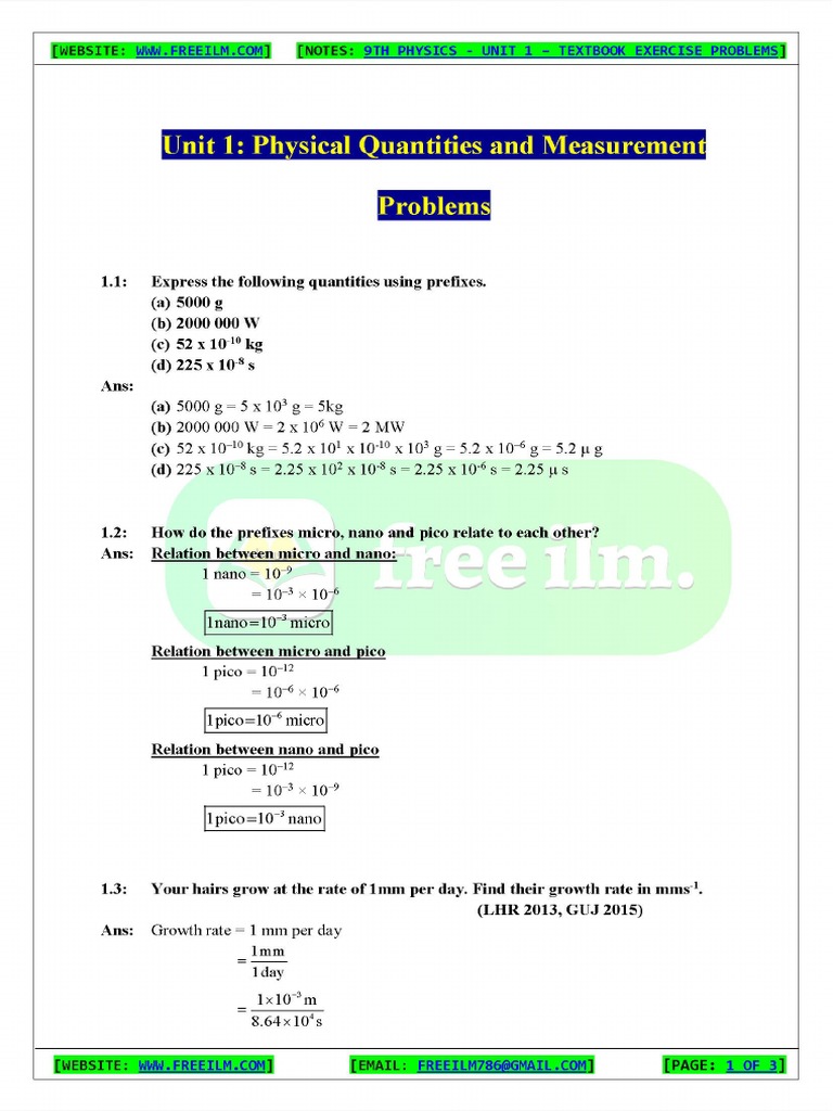 9th Phy CH 1 Numericals | PDF