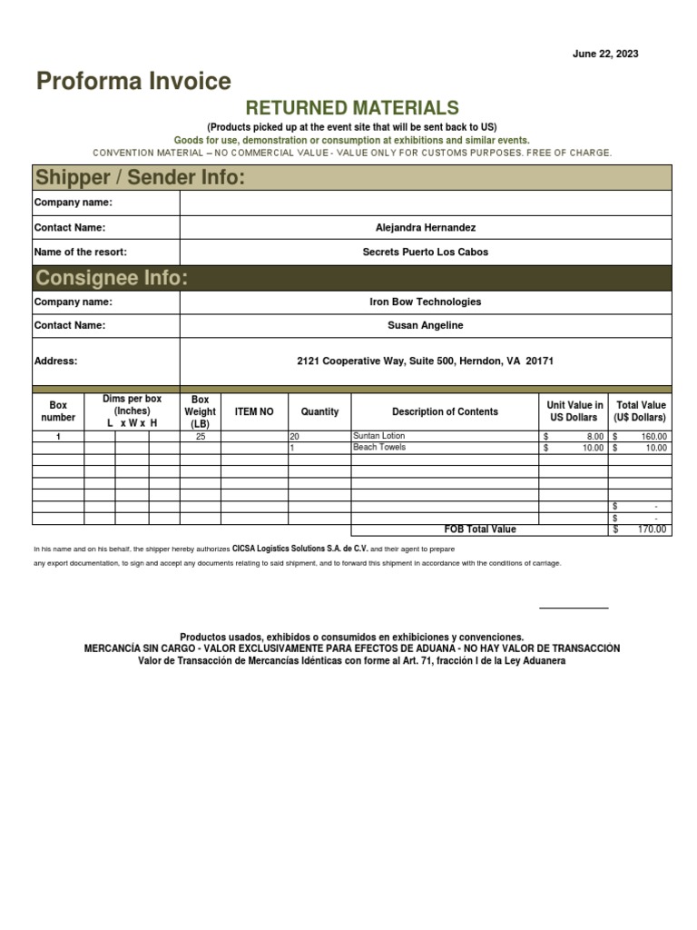 Proforma Invoice for Returned Event Materials | PDF | Business ...