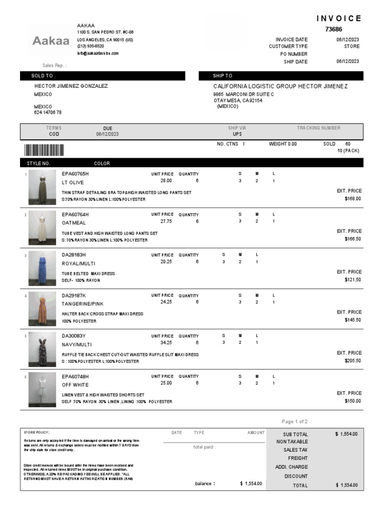 Invoice # 73686HJG2 | PDF | Clothing | Payments