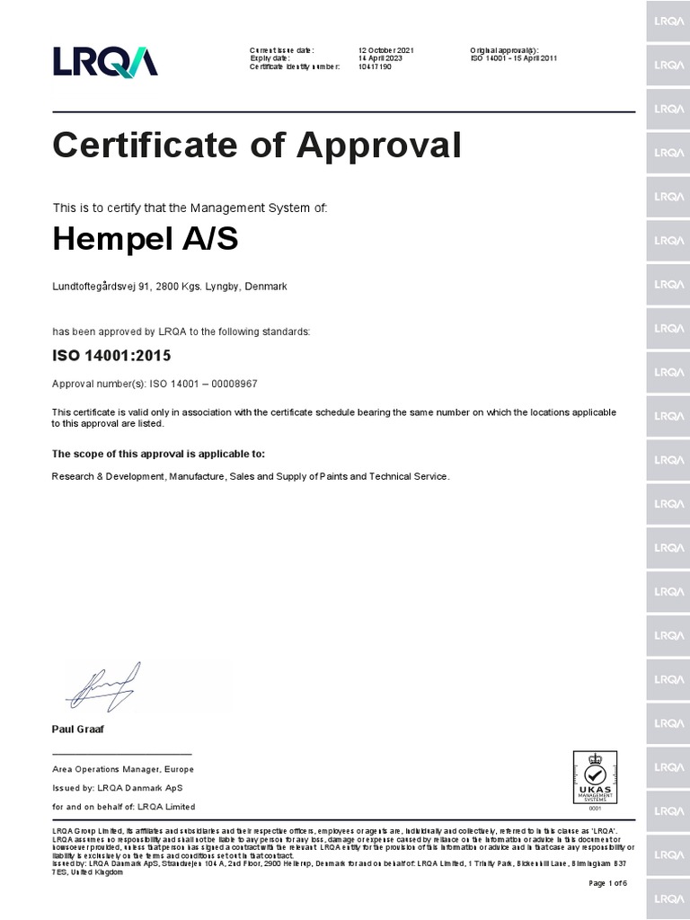 ISO 14001 Certificate Hempel | PDF | Legal Liability | Contractual Term