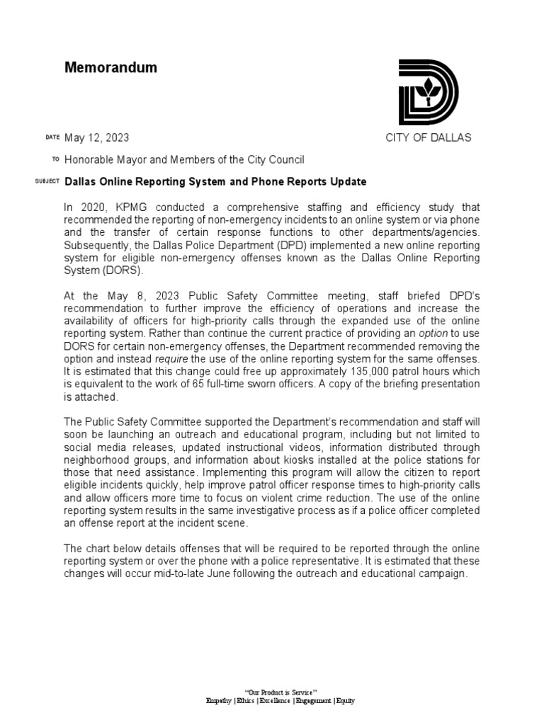 Dallas Online Reporting System and Phone Reports Update | PDF | Police ...