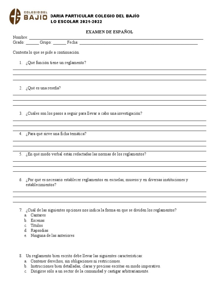 Examen Final de Español | PDF | Verbo