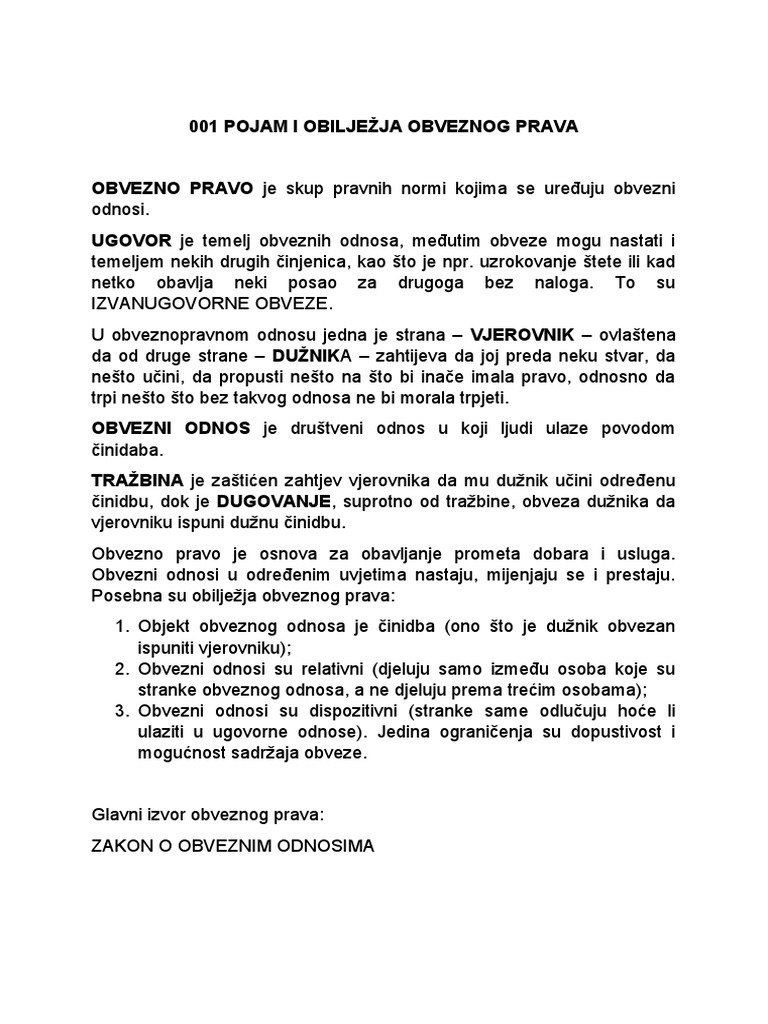 001 Pojam I Obilježja Obveznog Prava, Načela Obveznog Prava | PDF