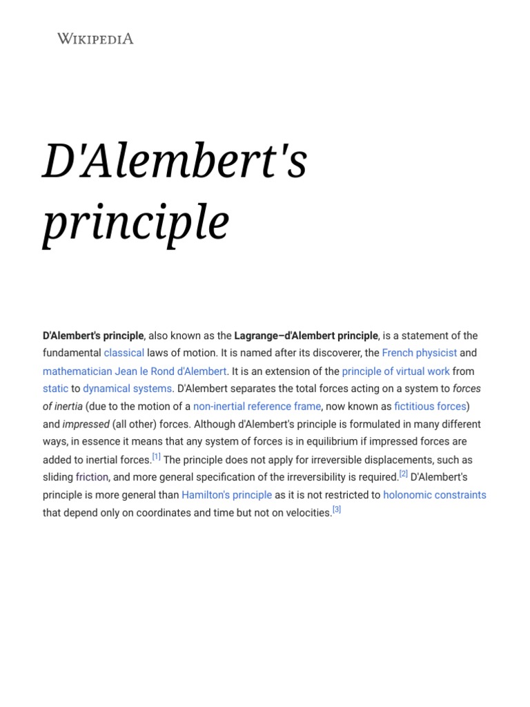 D'Alembert's Principle | PDF | Force | Theoretical Physics