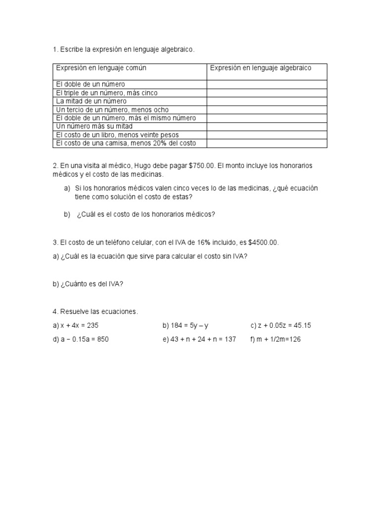 Ejercicios de Repaso de Ecuaciones para Libreta | PDF