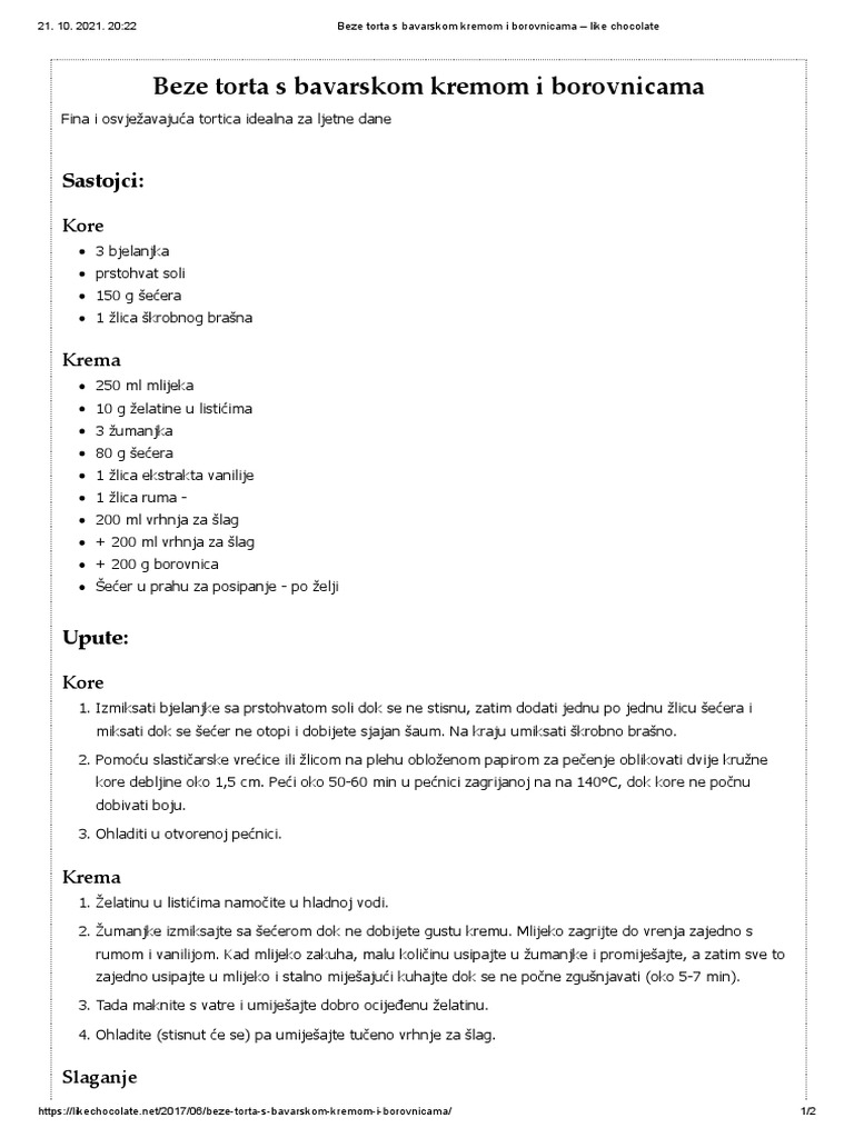 Beze Torta S Bavarskom Kremom I Borovnicama - Like Chocolate | PDF