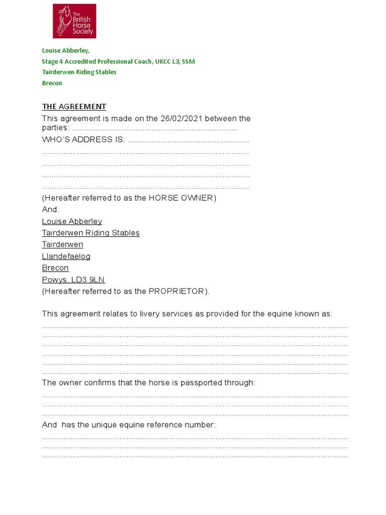 Livery Agreement Template for Horses | PDF | Horses