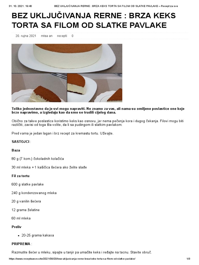 BRZA KEKS TORTA SA FILOM OD SLATKE PAVLAKE – Recept za sve | PDF
