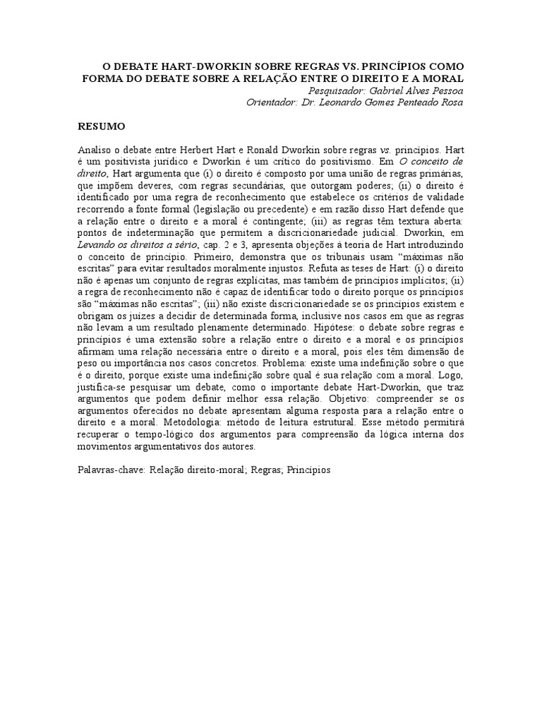 O Debate Hart-Dworkin Sobre Regras X Princípios Como Um Debate Sobre A ...