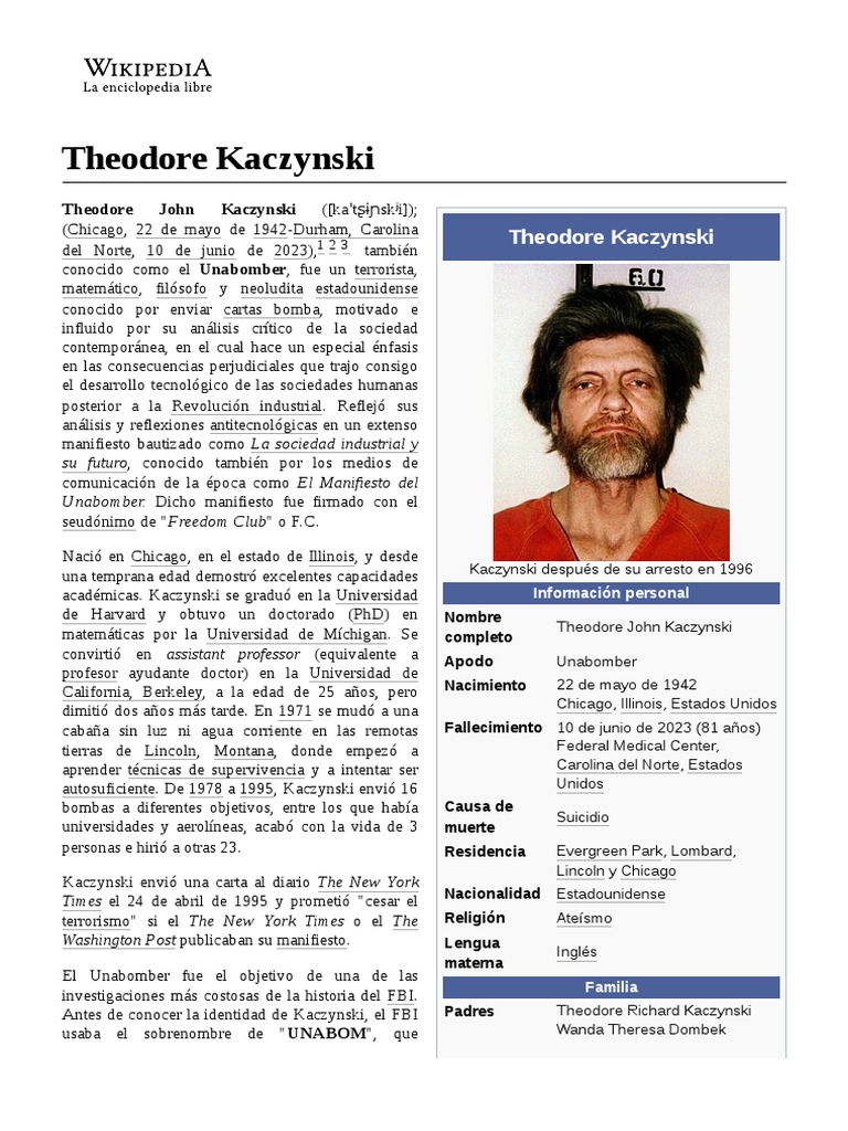 Fallecimiento de Theodore Kaczynski | PDF | Ciencias sociales | Historia