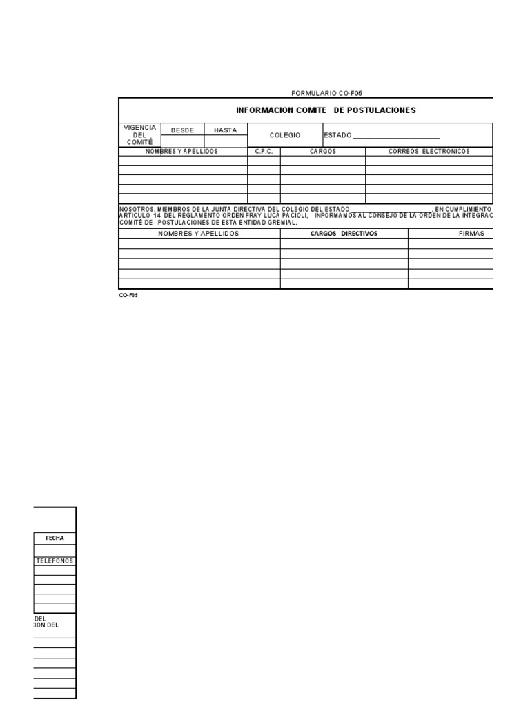 Formulario Co-F05 Informacion Comite de Popstulaciones | PDF