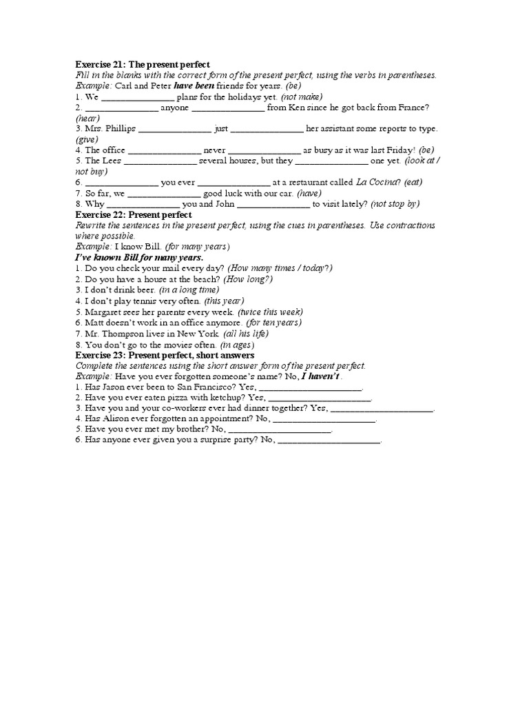 Present Perfect Homework | PDF