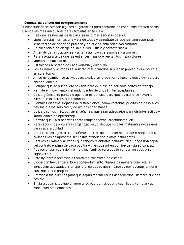 Técnicas de Control Del Comportamiento | PDF | Comportamiento | Sicología