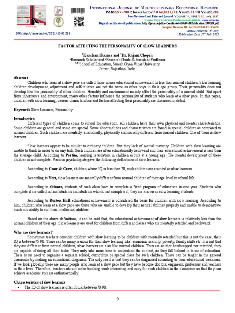 Factor Affecting The Personality of Slow Learners | PDF | Learning ...