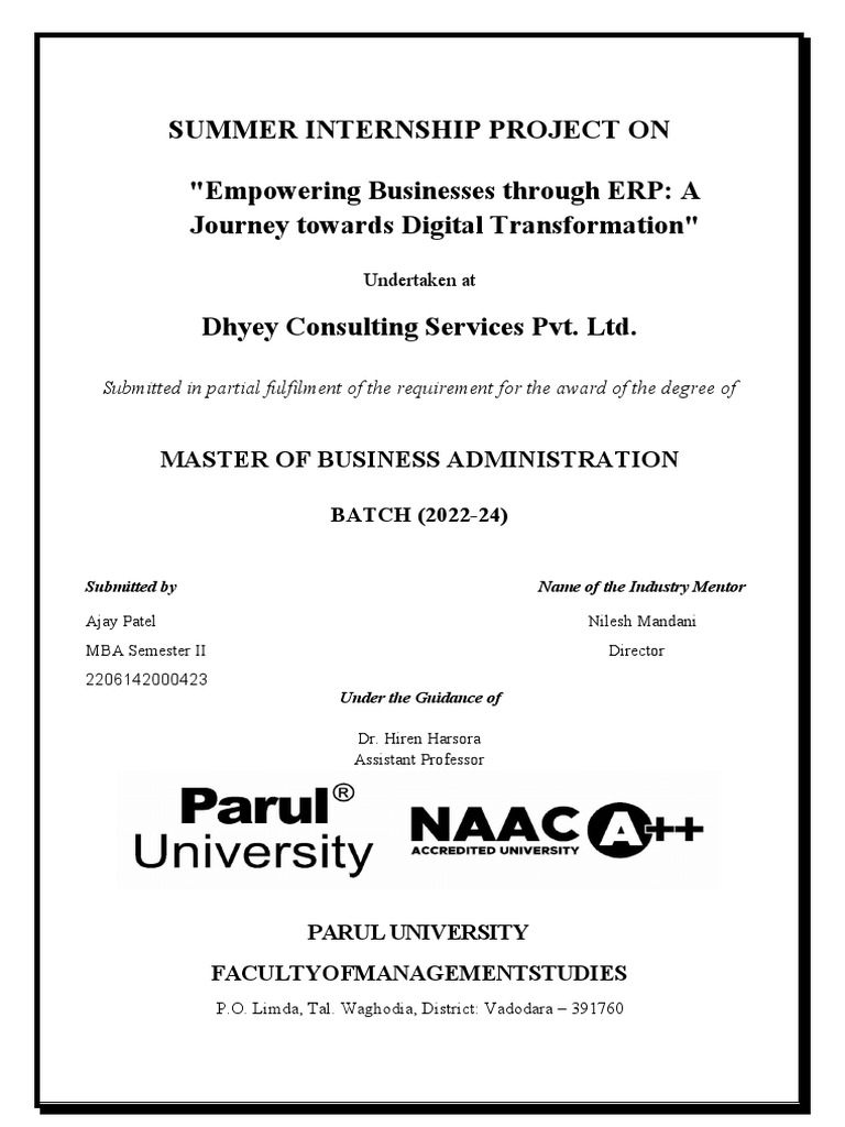 Summer Internship Project On "Empowering Businesses Through ERP: A Journey Towards Digital ...