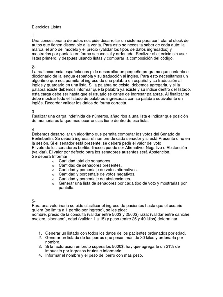Ejercicios Listas 1 10 | PDF | Algoritmos | Cadena (informática) Ejercicios Listas 1 10 | PDF | Algoritmos | Cadena (informática)