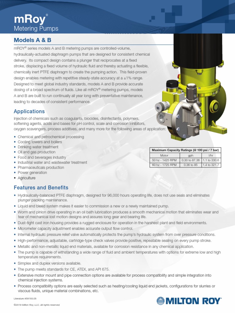 Mroy Metering Pumps Data Sheet - 2022 | PDF | Pump | Valve